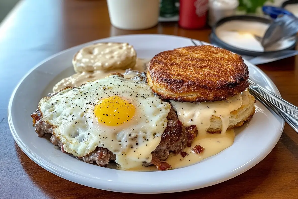 Country Fried Steak Biscuit with Bacon and Egg Recipe