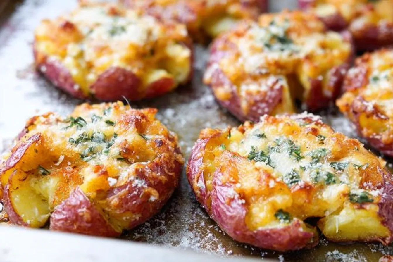 Easy Roasted Smashed Potatoes with CHEESE! Irresistibly Cheesy