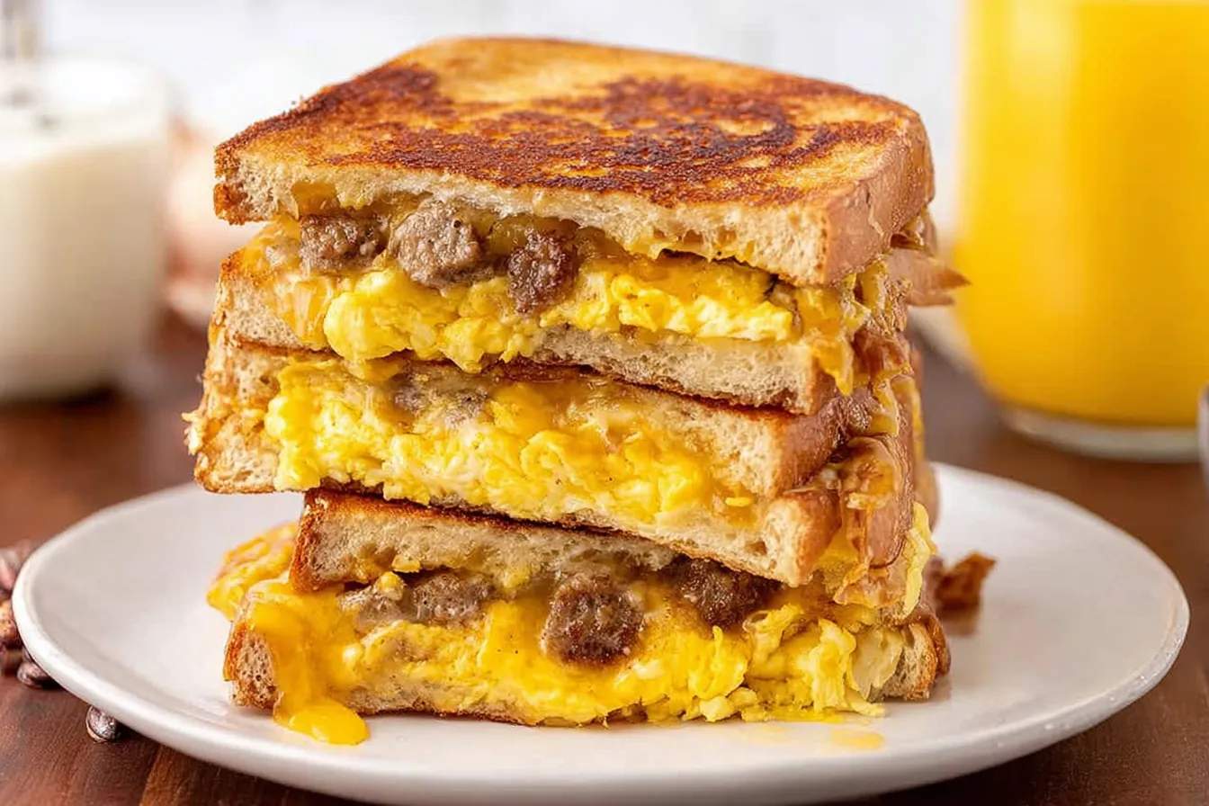Breakfast Grilled Cheese Sandwich with Eggs and Sausage Delight